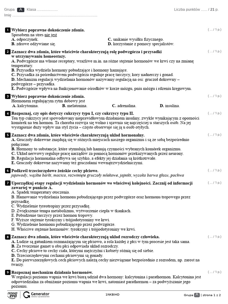 R11 - R12. Układ Hormonalny. Rozmnażanie I Rozwój Człowieka Test (Z ...