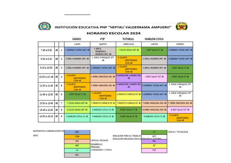 Horario de Clases 4B - Marleni Coyla | PDF