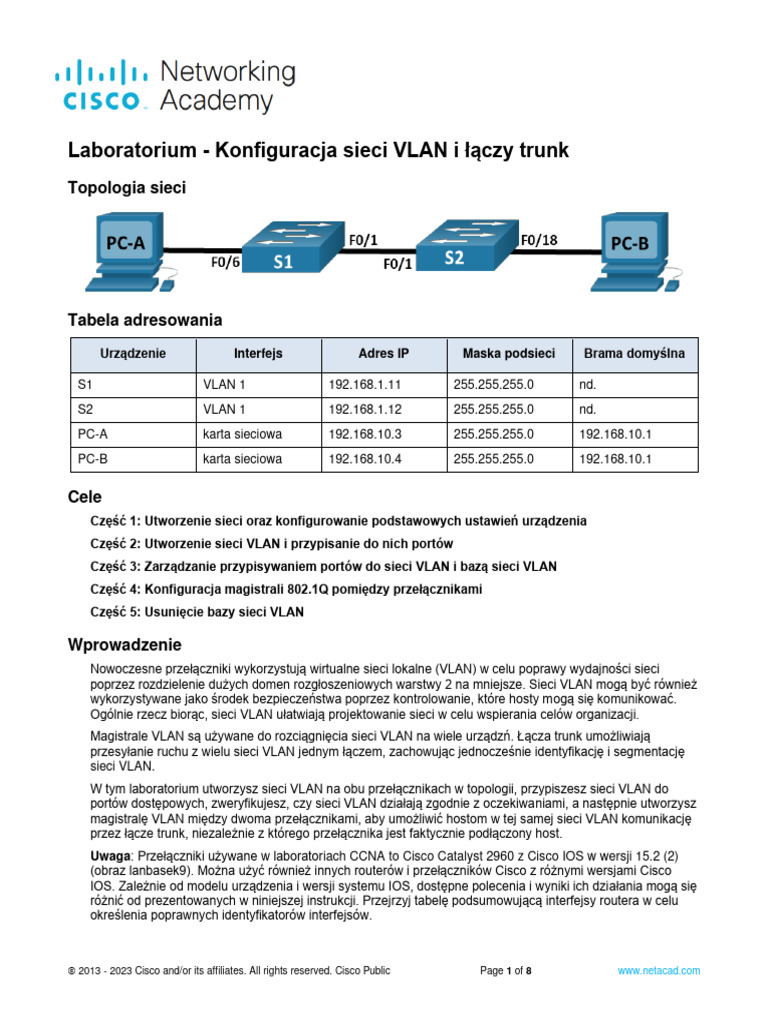 Lab 3.1 (3.4.6) - Configure VLANs and Trunking | PDF