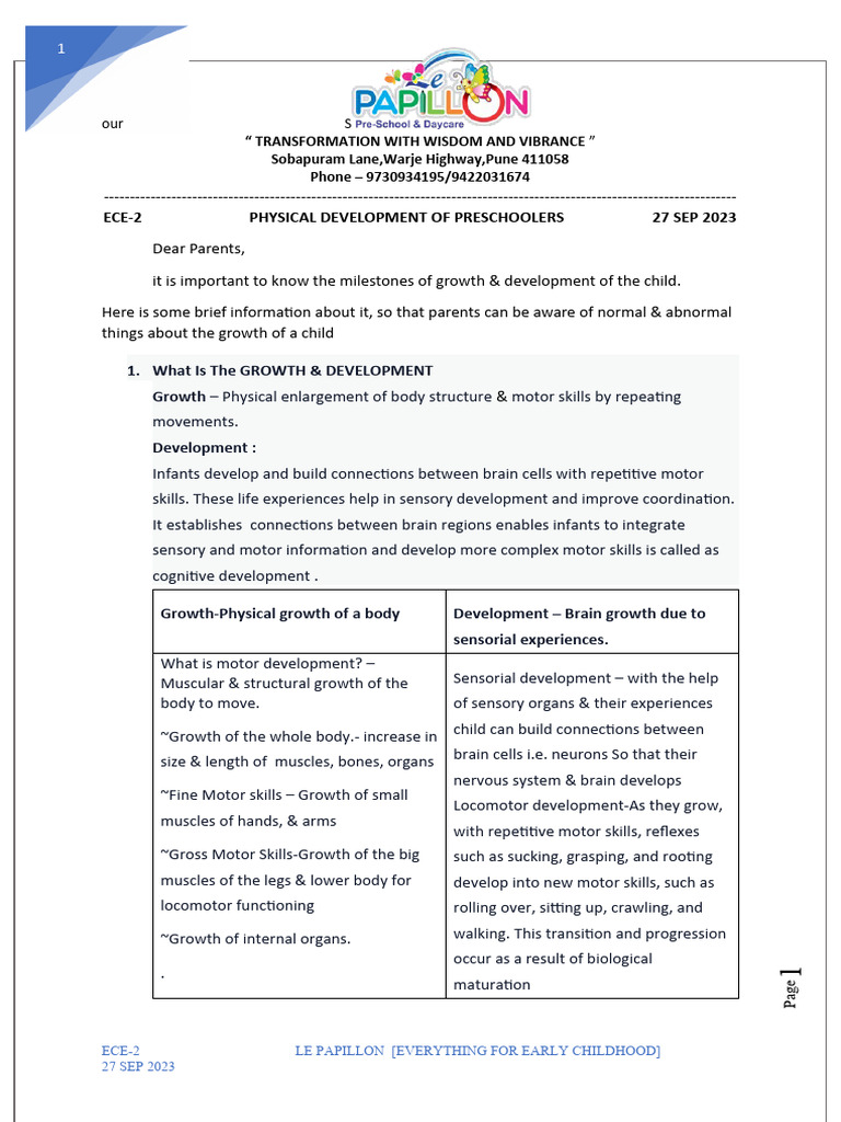 Ece-1 Sep 23 Physical Growth | PDF | Infants | Brain