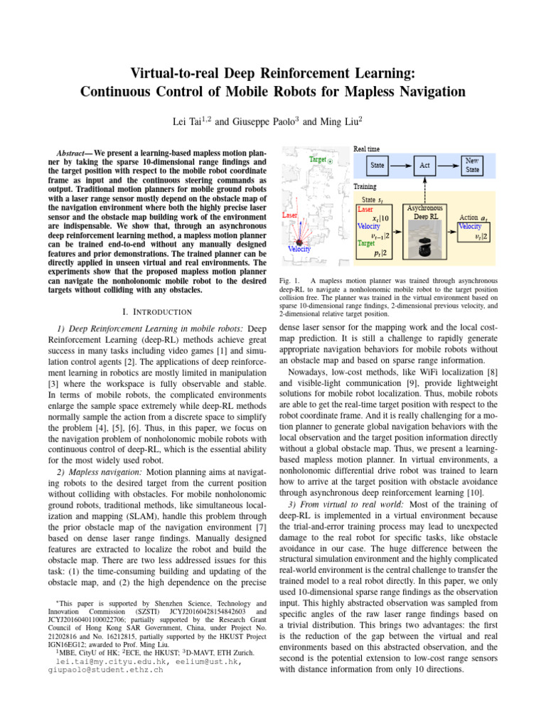 Virtual To Real Deep Reinforcement Learning Continuous Control Of Mobile Robots For Mapless 