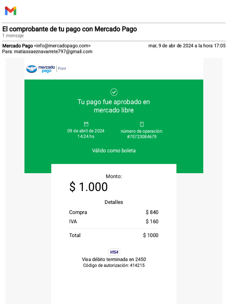 Gmail - El Comprobante de Tu Pago Con Mercado Pago | PDF