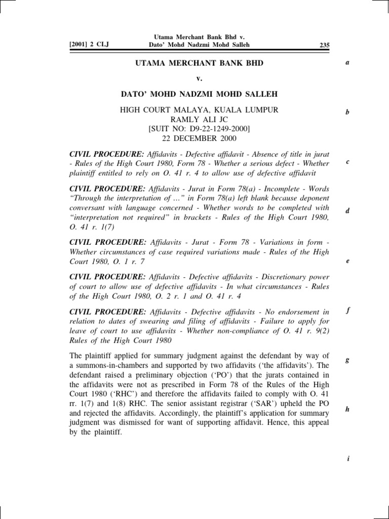 CLJ - 2001 - 2 - 235 - Non Compliance Rules - Defective Aff | PDF | Affidavit | Summary Judgment