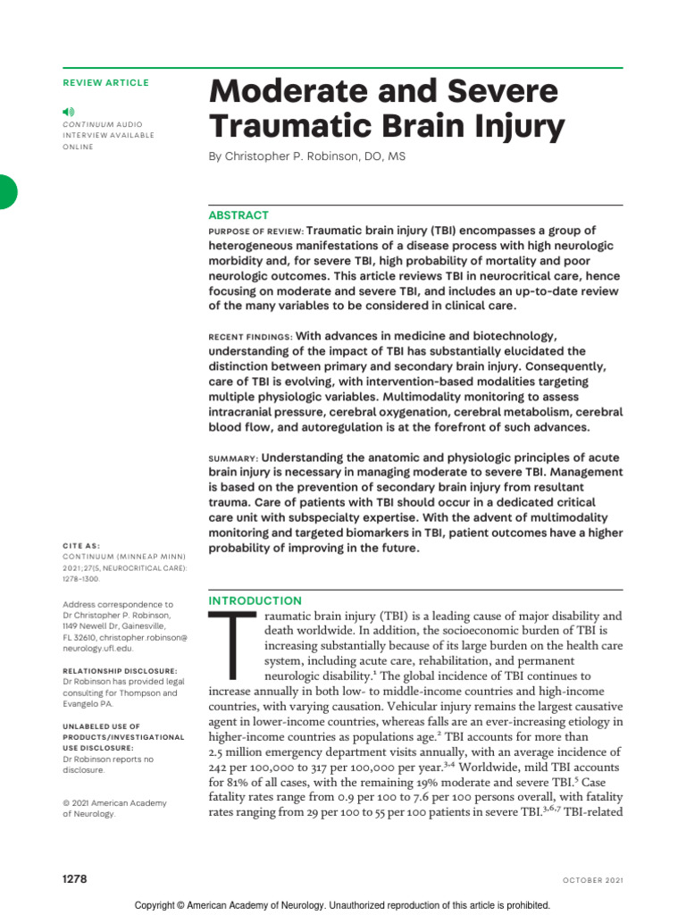 2021 - Moderate and Severe Traumatic Brain Injury | PDF | Traumatic ...