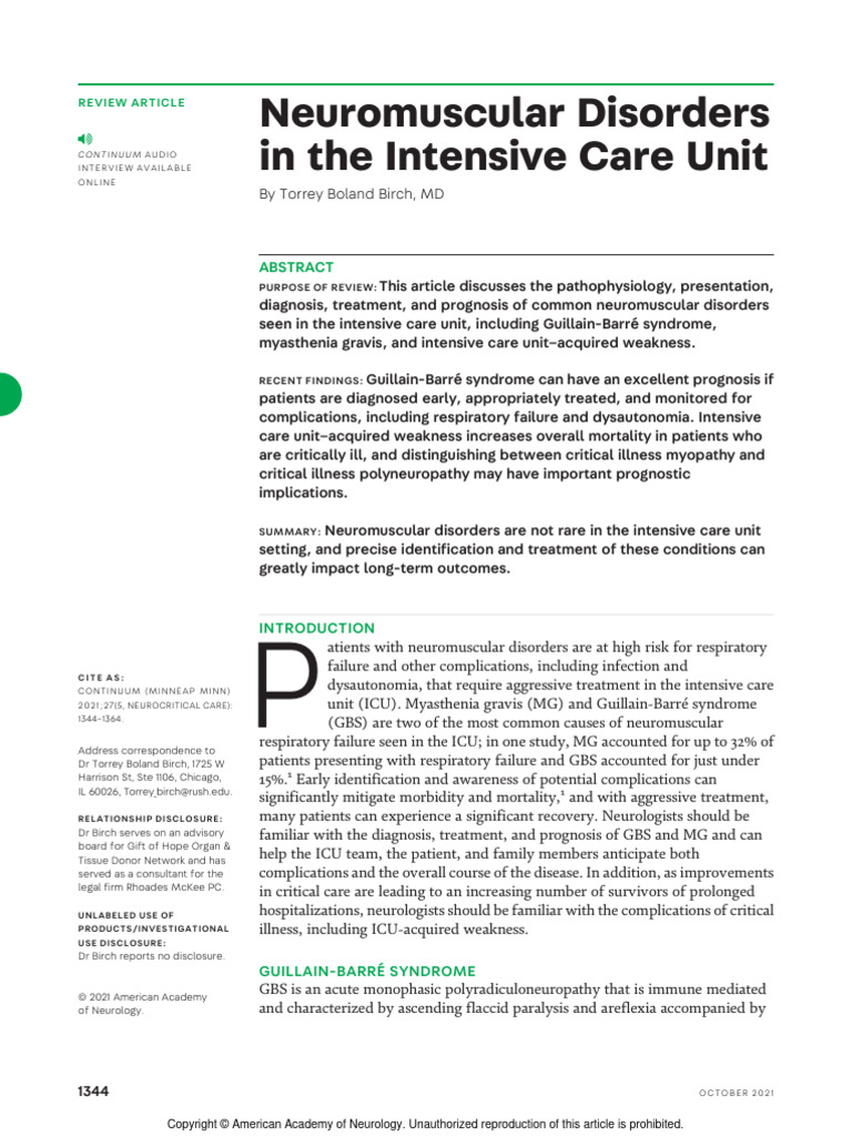 2021 - Neuromuscular Disorders in The Intensive Care Unit | PDF ...