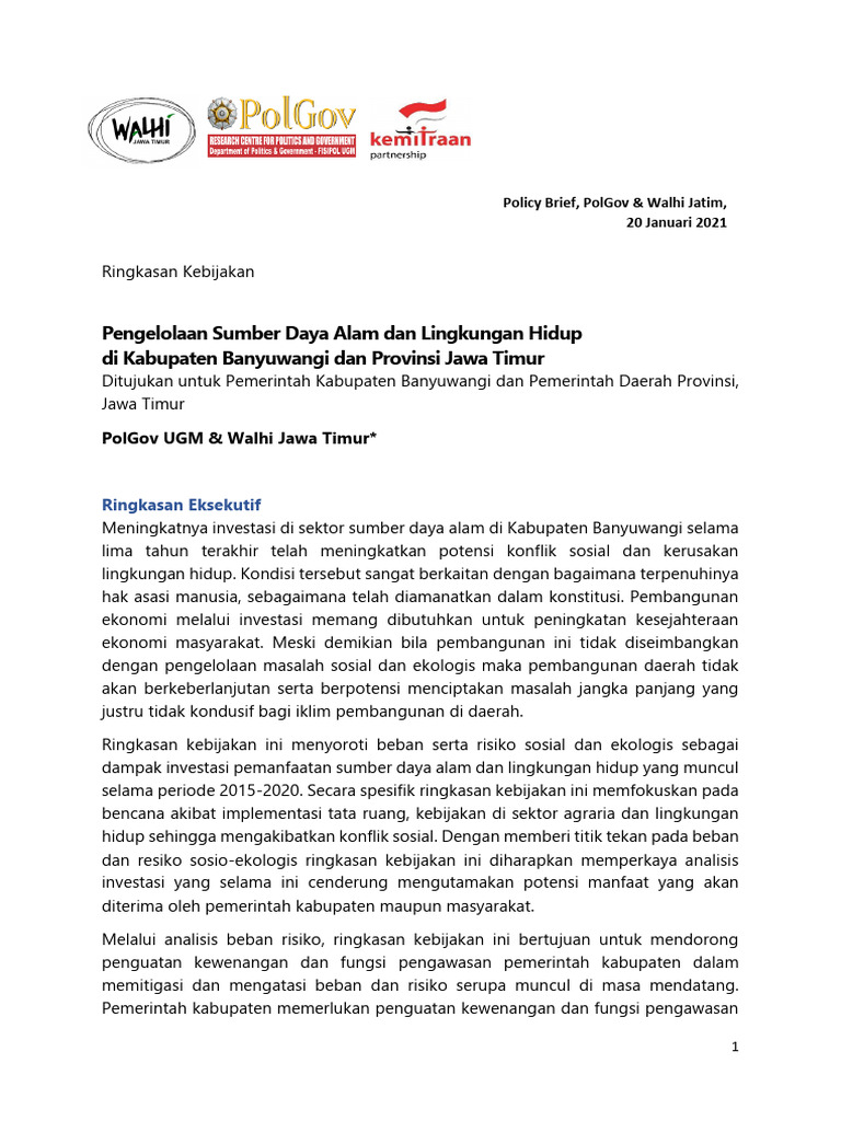 Policy Brief Walhi Jatim X PolGov UGM Januari 2021 | PDF