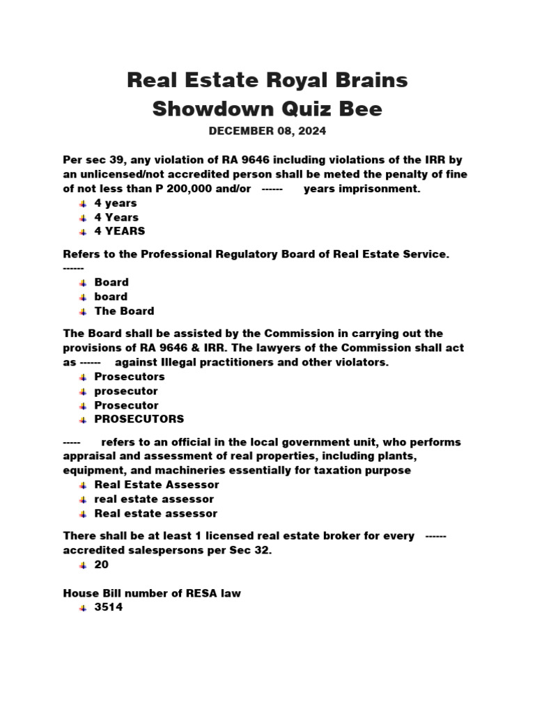 Real Estate Royal Brains Showdown Quiz Bee | PDF