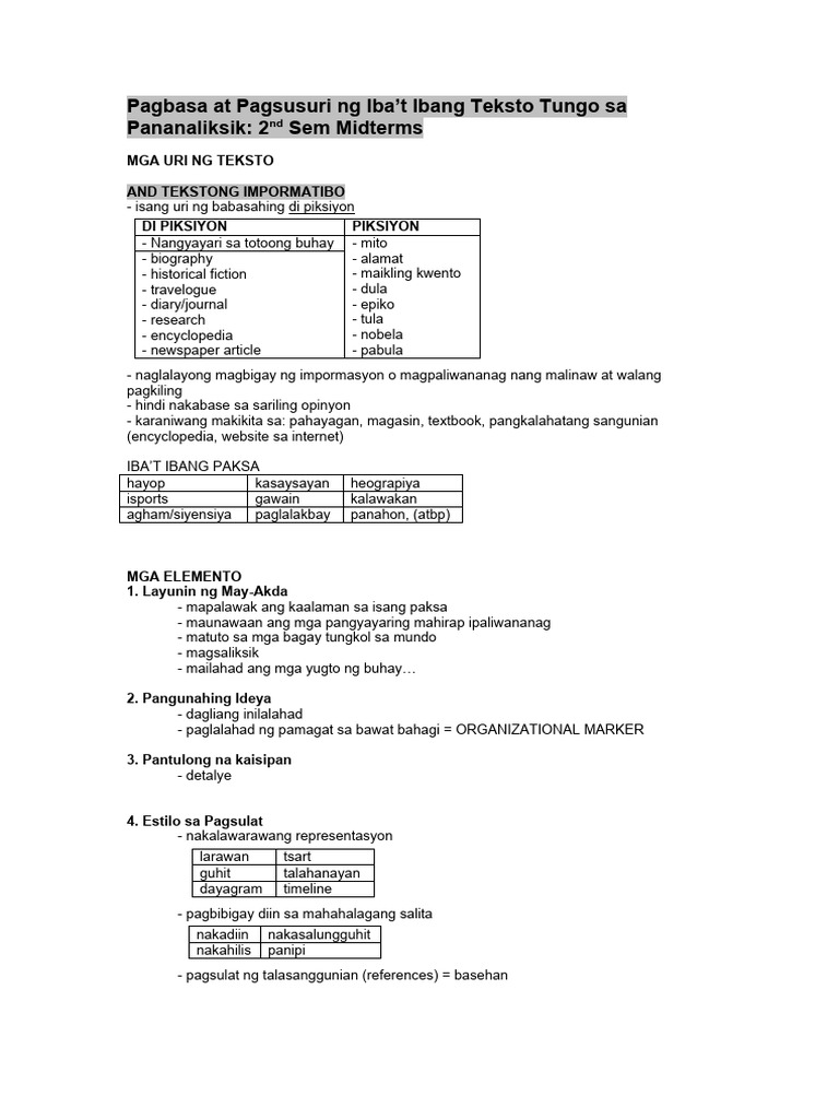Pagbasa at Pagsusuri NG Iba't Ibang Teksto Tungo Sa Pananaliksik - Midterms Reviewer | PDF