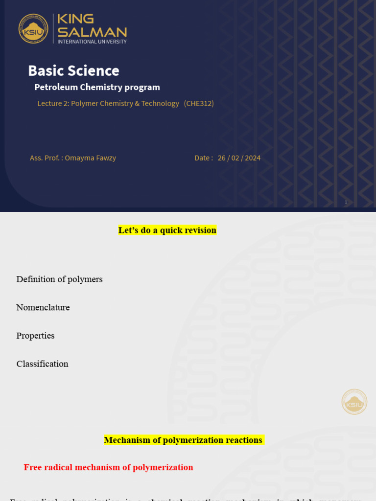 Polymers-CHE312 Lec2 | PDF | Polymerization | Radical (Chemistry)