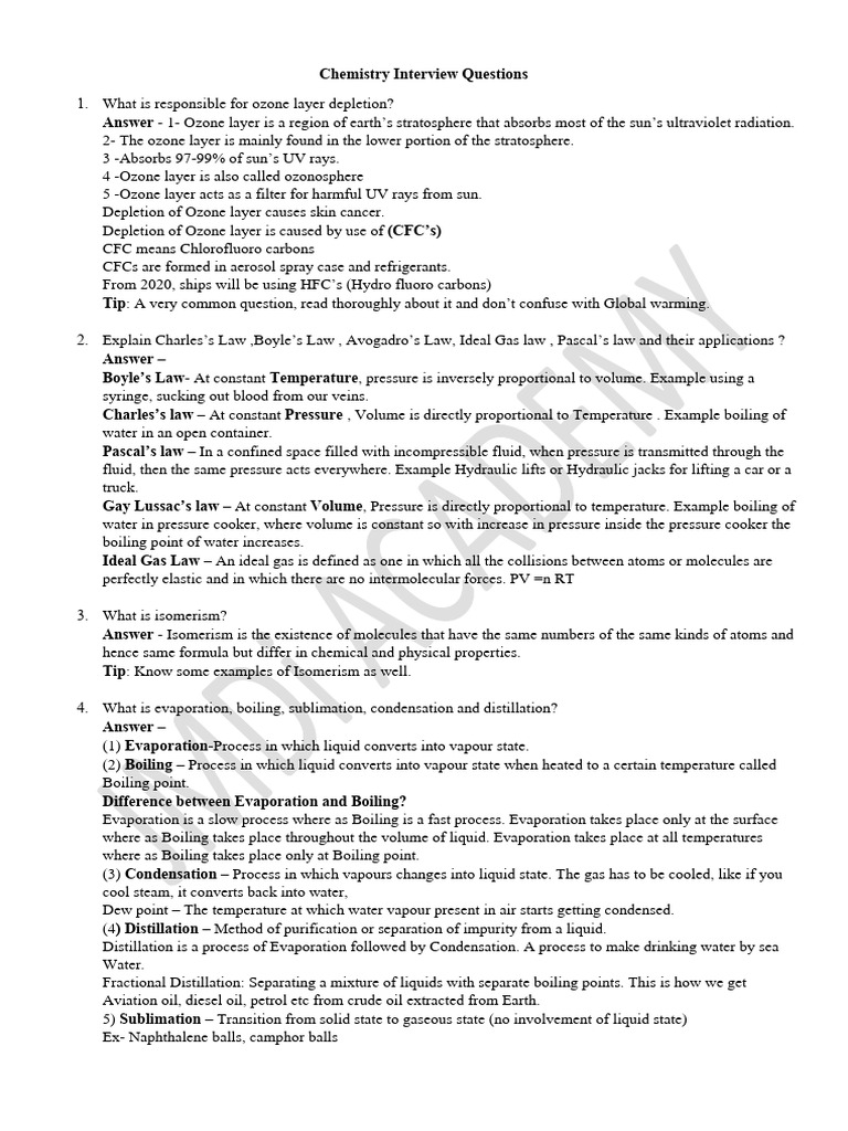 Chemistry Interview Questions Segregated | PDF | Solubility | Water