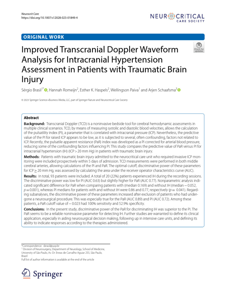 2023 - Improved Transcranial Doppler Waveform Analysis For Intracranial ...