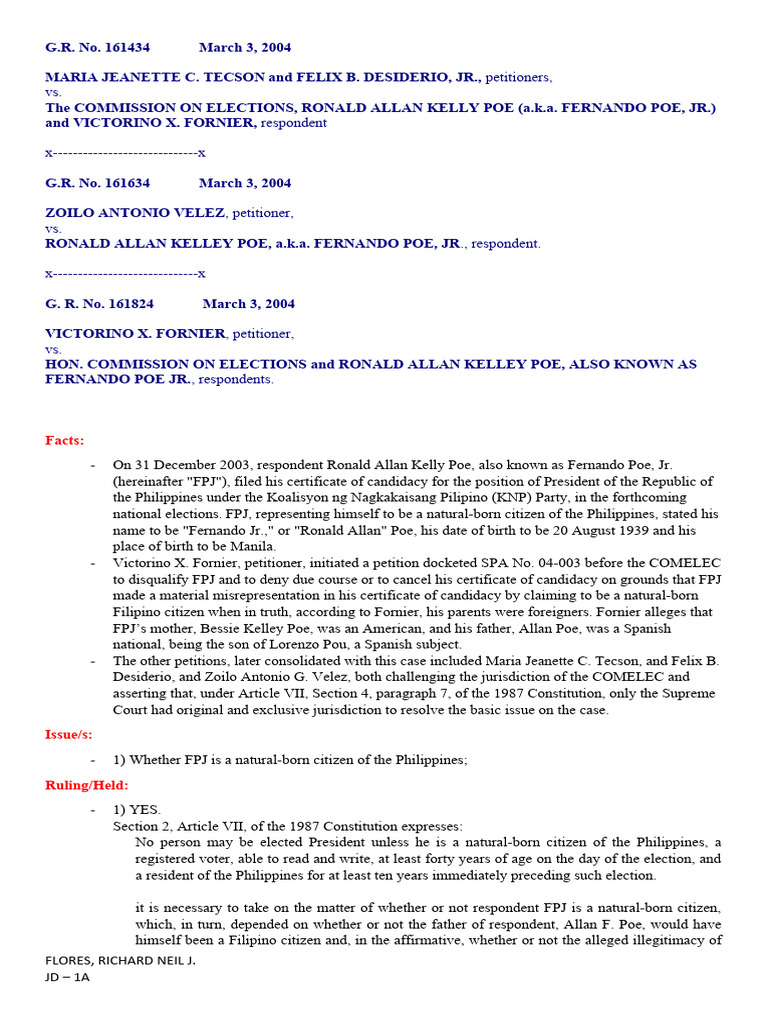 Tecson v. COMELEC, G.R. No. 161434 | PDF | Public Law | Government