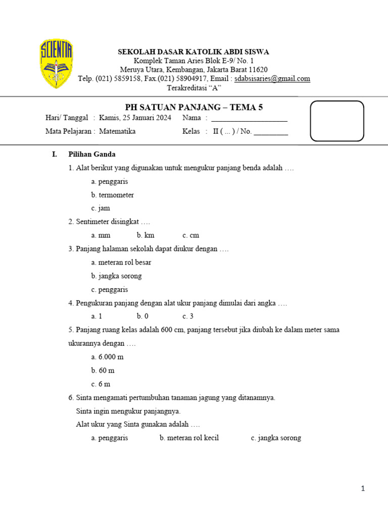 PH Satuan Panjang - Tema 5 | PDF