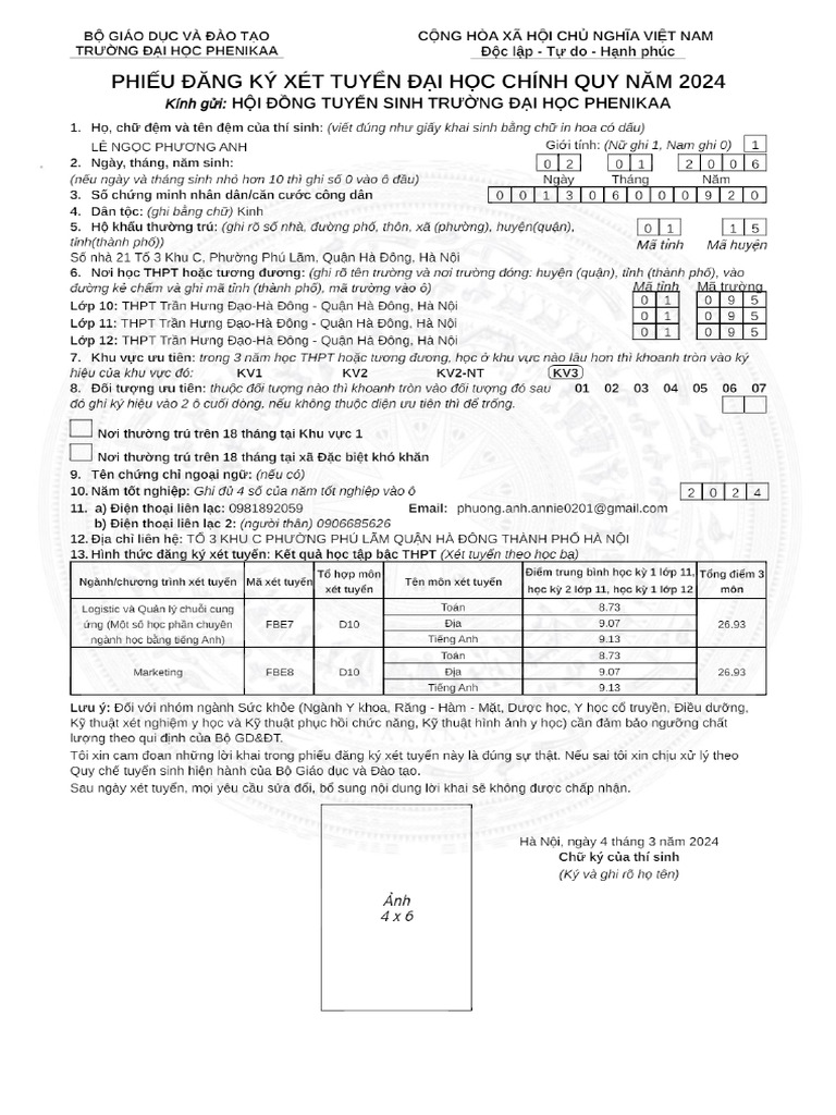 Phieu Dang Ky Tuyen Sinh (2) | PDF