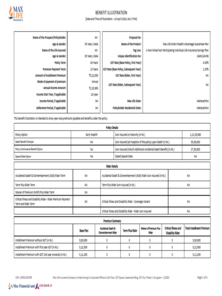 Benefit Illustration: Death Benefit Multiple Policy Continuance Benefit ...