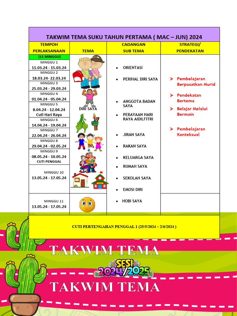 Takwim Tema Prasekolah Sesi 2024 (Editable) | PDF