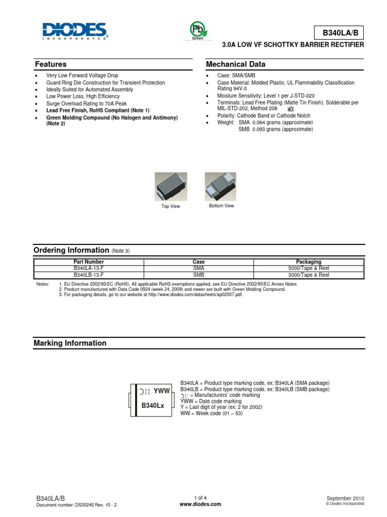 B340LA/B Schottky Rectifier Overview | PDF | Rectifier | Capacitor