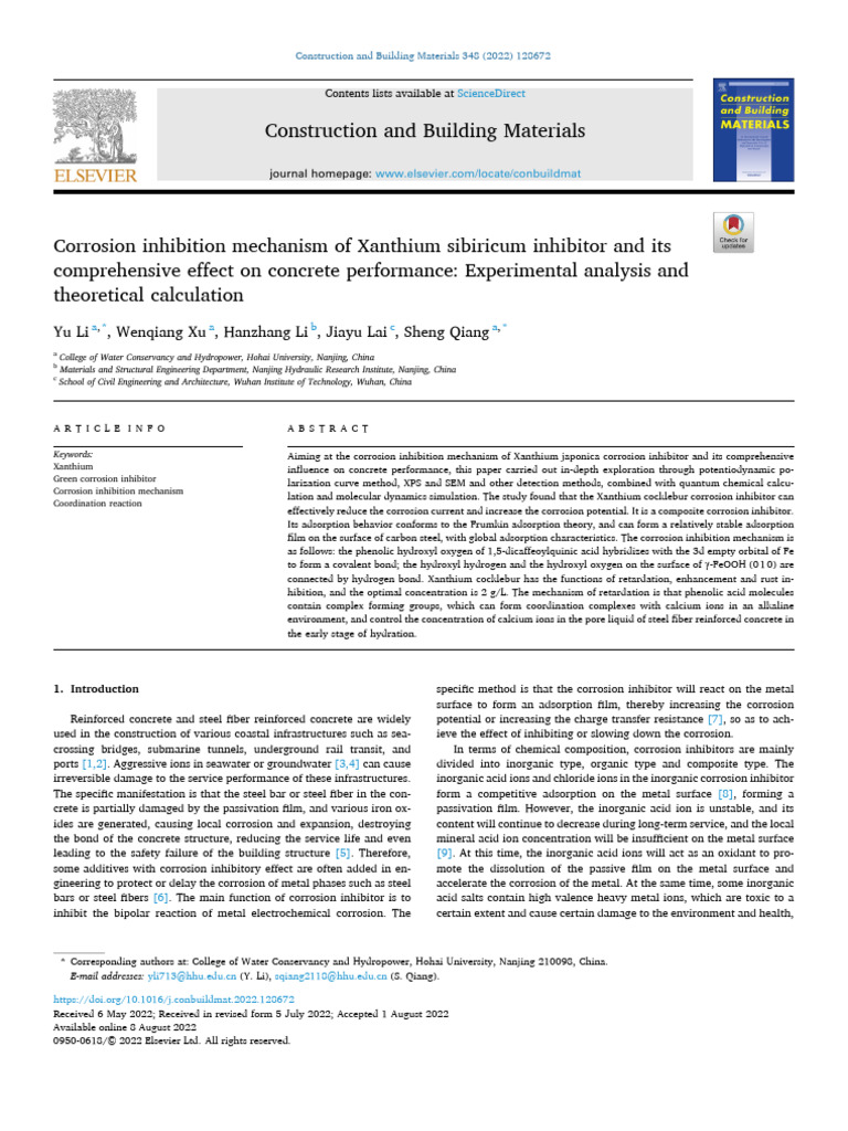 Corrosion Inhibition Mechanism of Xanthium Sibiricum Inhibitor and Its ...
