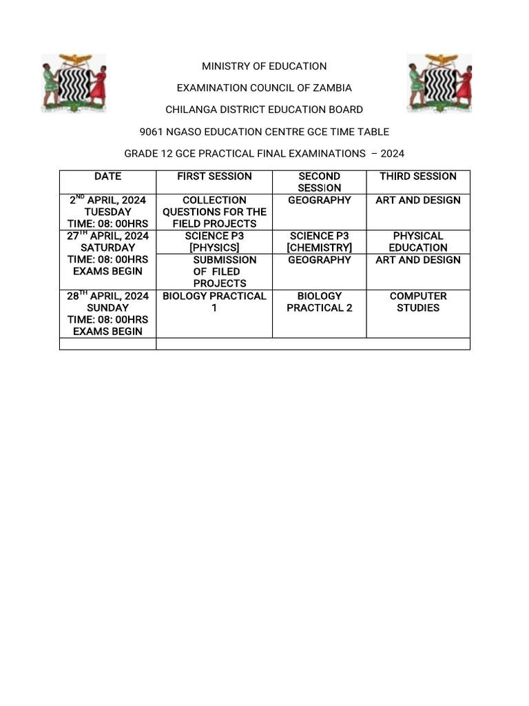 GCE Time Table Final Exams Practical - 2024 | PDF