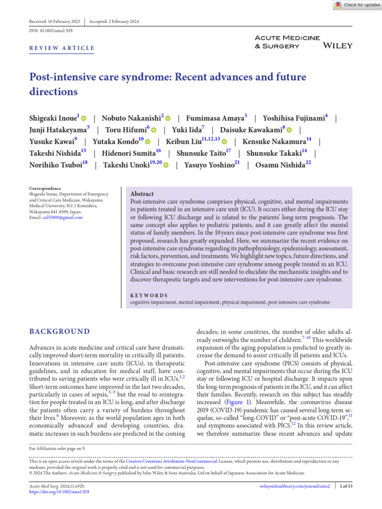 Acute Medicine Surgery - 2024 - Inoue - Post Intensive Care Syndrome Recent Advances and Future ...