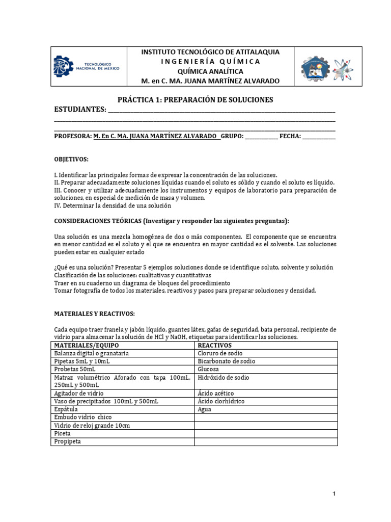 Práctica Preparación de Soluciones Qa | PDF | Concentración | Ácido clorhídrico