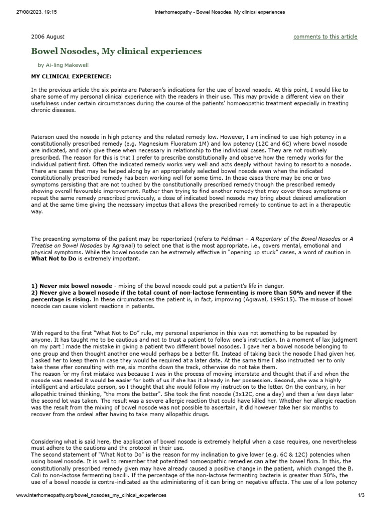 Bowel Nosodes, My Clinical Experiences | PDF | Homeopathy | Diseases ...