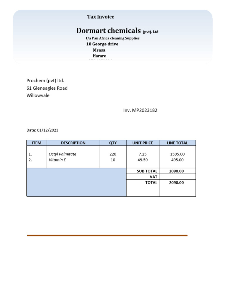 Prochem Invoice Vitamin E and Octyl Palmitate | PDF