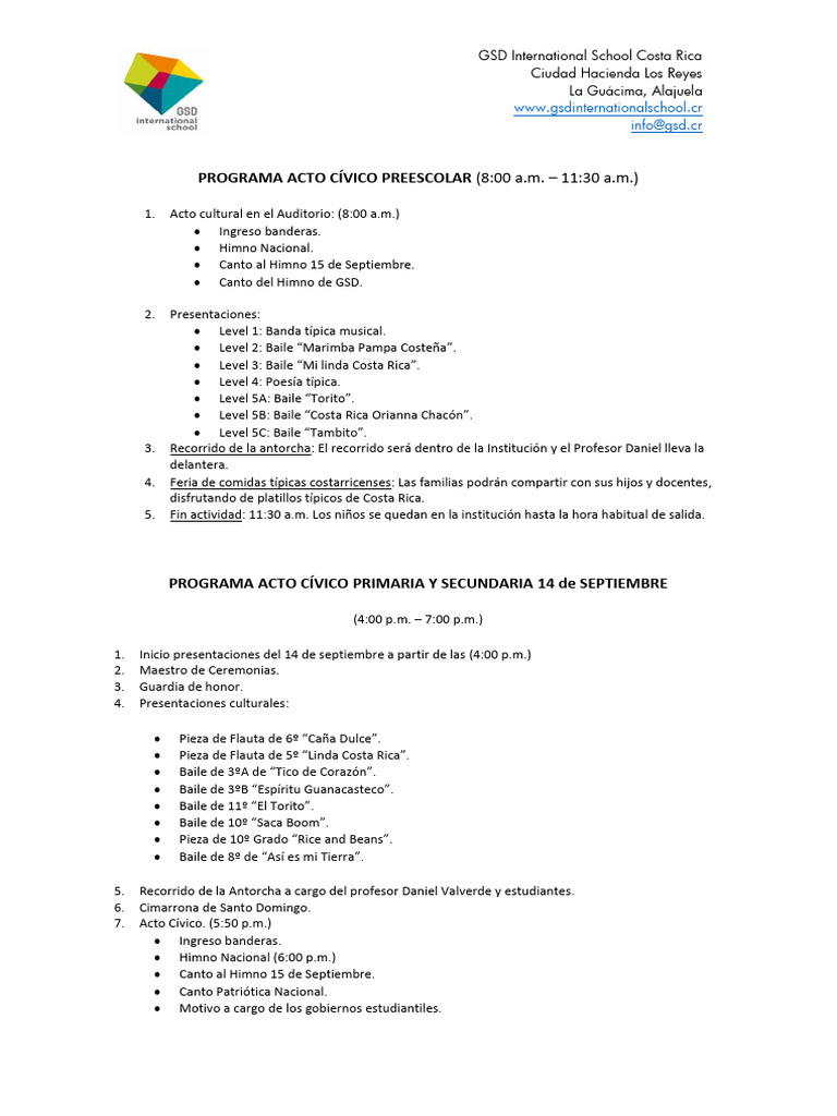 Programa Acto Cívico 14 Septiembre - Elementary and Secondary School ...