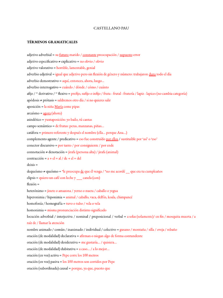 Términos Gramaticales en Castellano PAU | PDF | Adverbio | Verbo