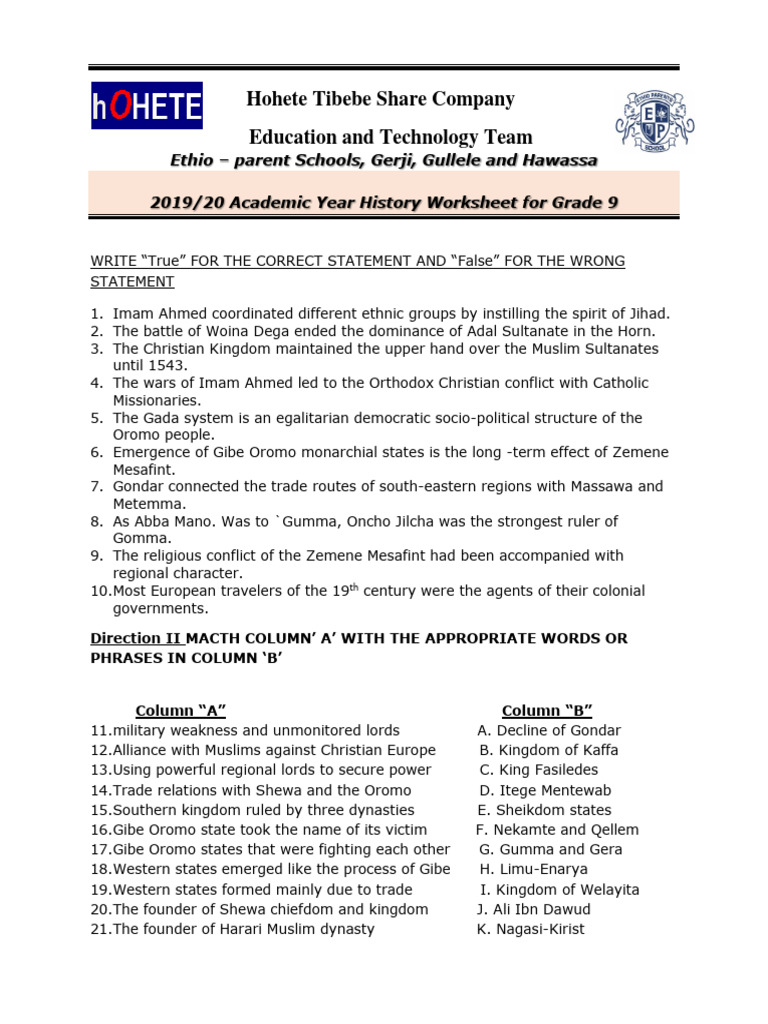 Grade 9 - History Worksheet W, S | PDF | Ethiopia