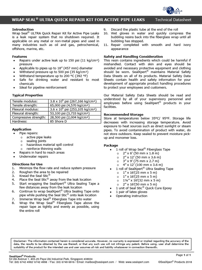 TDS - Wrap Seal Ultra Quick Repair Kit For Active Pipe Leaks - Rev 1 | PDF | Pipe (Fluid ...