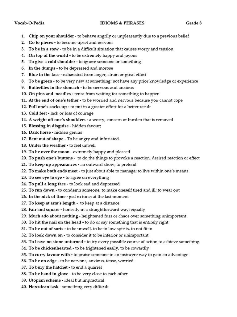 Grade 8 Vocab-O-Pedia-Idioms & Phrases - Round 1 | PDF Grade 8 Vocab-O-Pedia-Idioms & Phrases - Round 1 | PDF