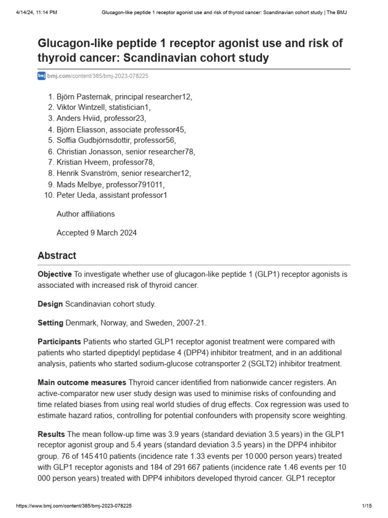Glucagon Like Peptide 1 Receptor Agonist Use And Risk Of Thyroid Cancer Download Free Pdf