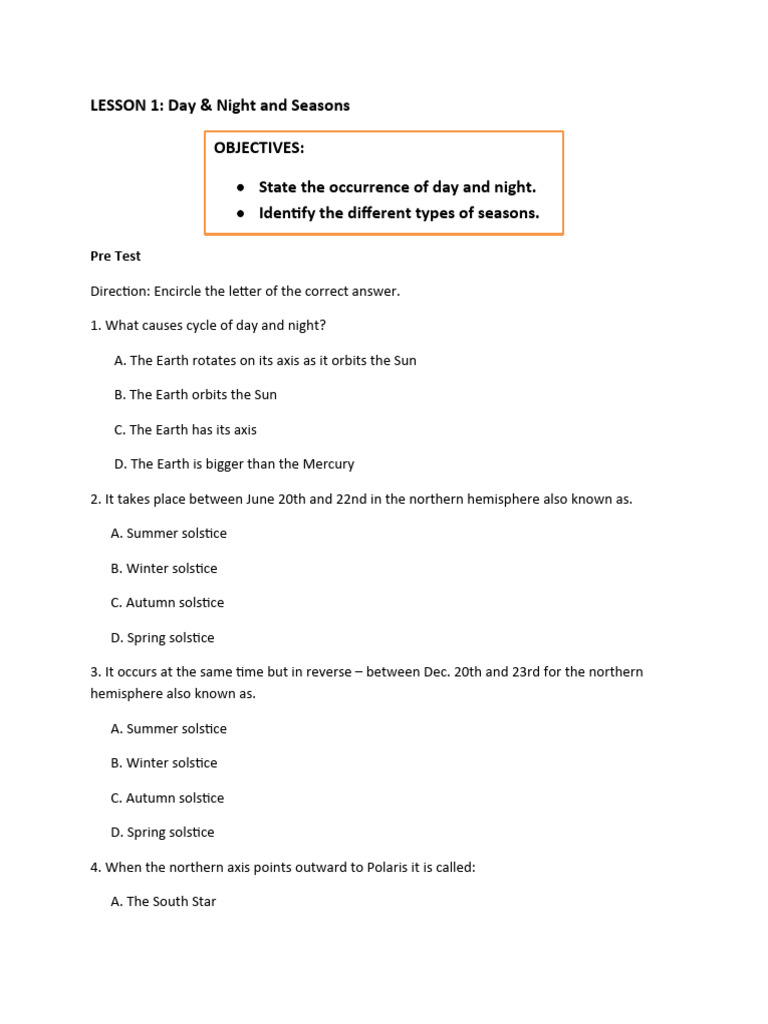 Lesson 1 - Day and Night and Seasons | PDF | Night | Rotation