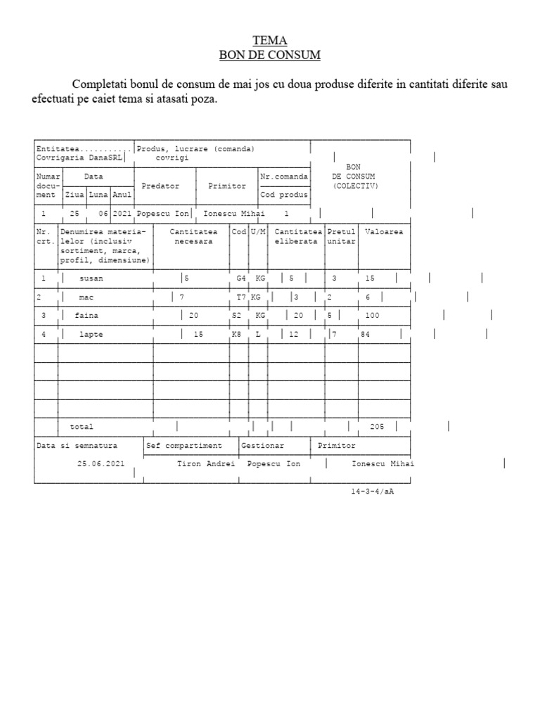 Tema Bon de Consum Completati Bonul de Consum de Mai Jos Cu Doua ...