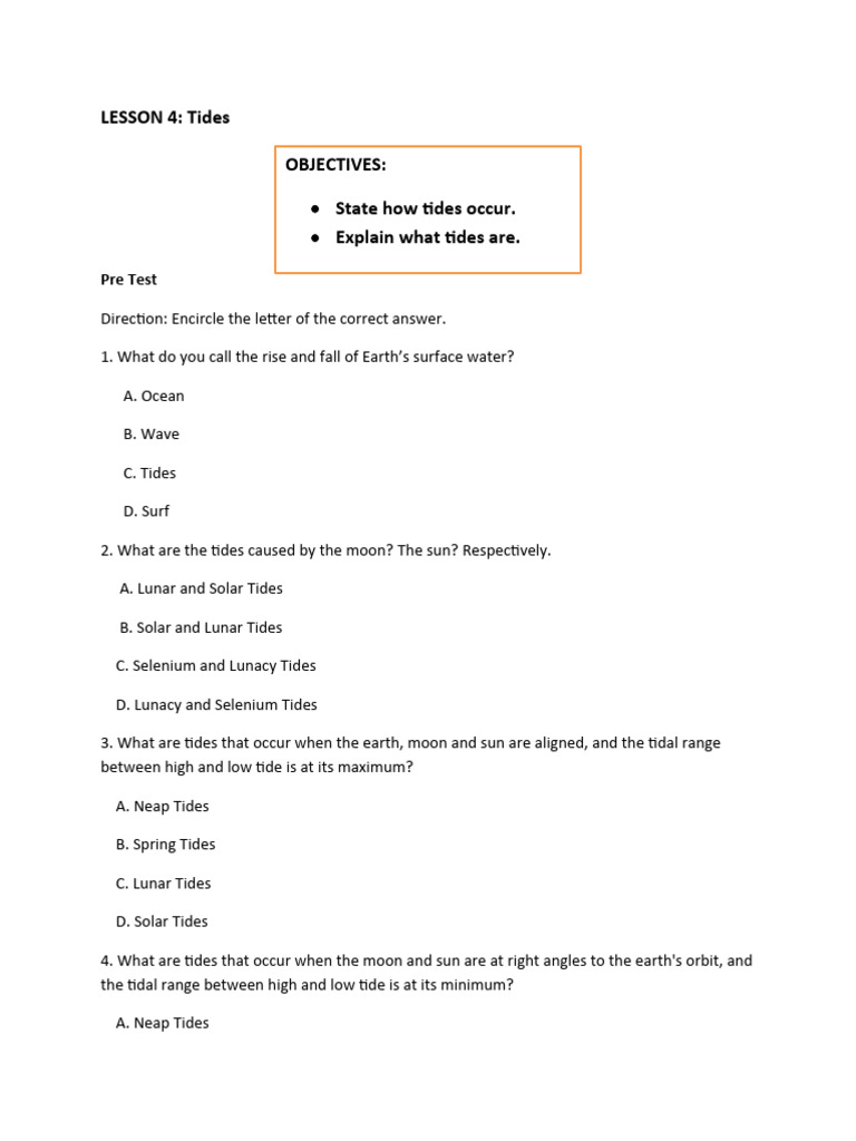 Lesson 4 - Tides | PDF | Tide | Moon