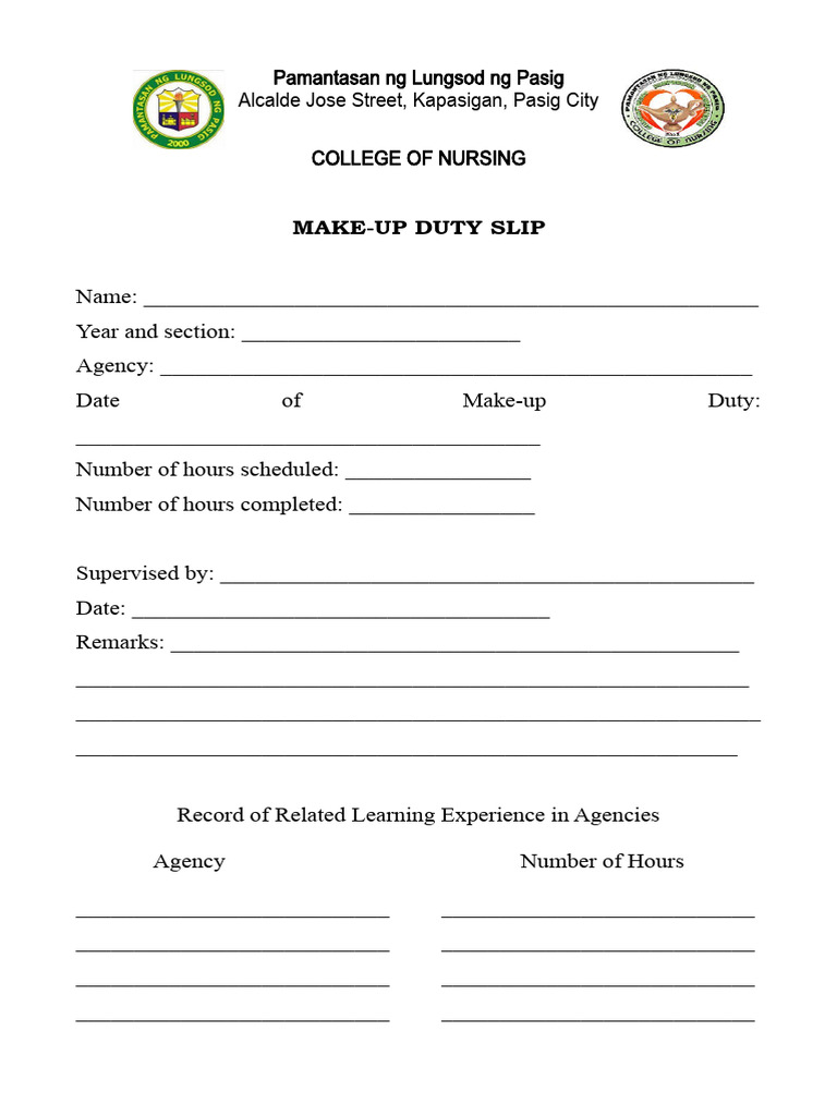 Nursing Make-Up Duty Slip | PDF