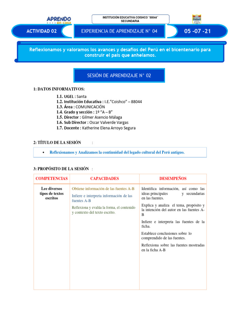 COM EdA 4 - 1ro 1 Sesion - Legado Del Peru | PDF | Perú