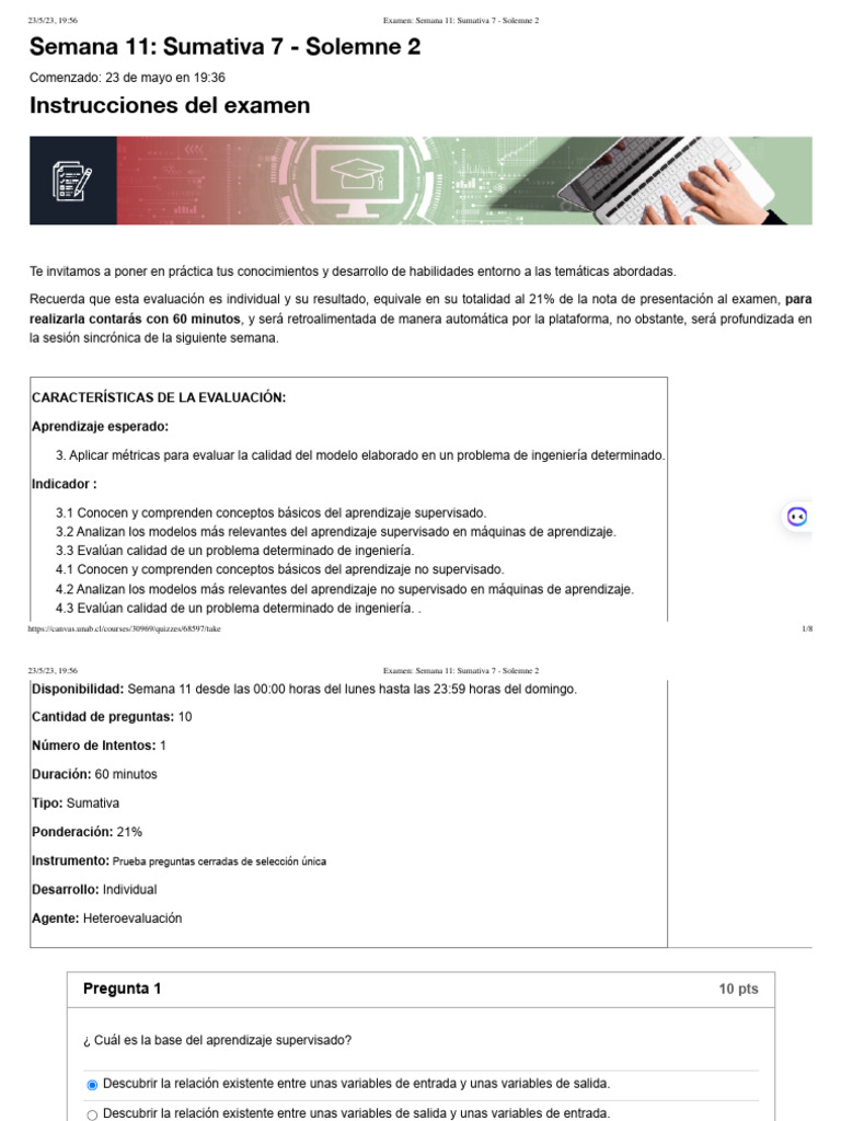 Examen - Semana 11 - Sumativa 7 - Solemne 2 - FINAL | Descargar gratis PDF | Aprendizaje ...
