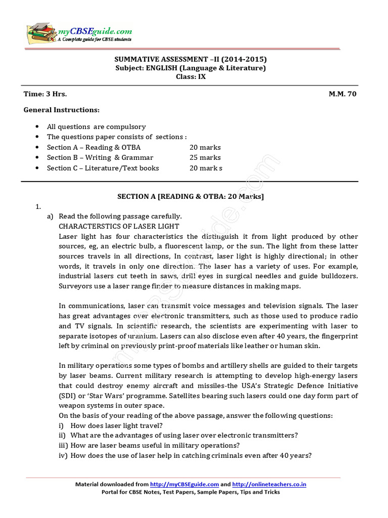 Class Ix English Summative Assessment Paper Pdf Orbit Solar System