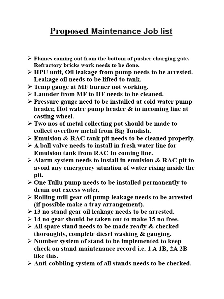 Proposed Maintenance Job List | PDF