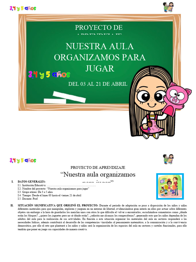 Proyecto #01 Nuestra Aula Organizamos para Jugar | PDF | Salón de clases | Escritura