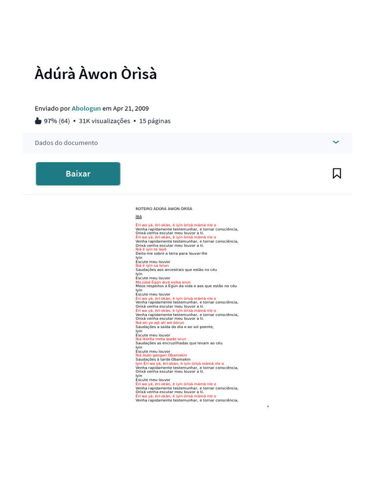 Àdúrà Àwon Òrìsà PDF Divindades Mitologia | PDF