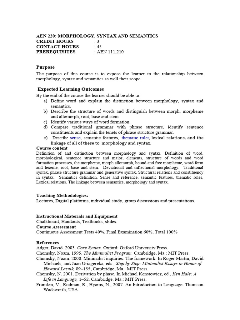 AEN 220 Morphology, Syntax and Semantics | PDF | Clause | Adverb