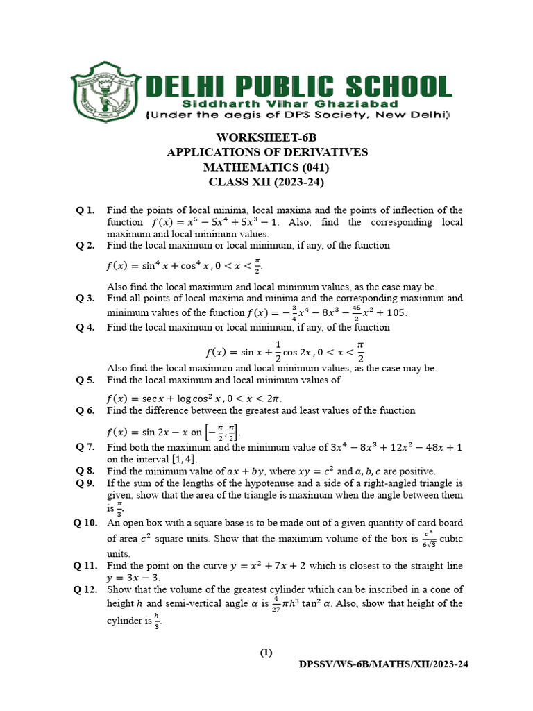 Applications of Derivatives Worksheet | PDF | Mathematics Of Computing ...