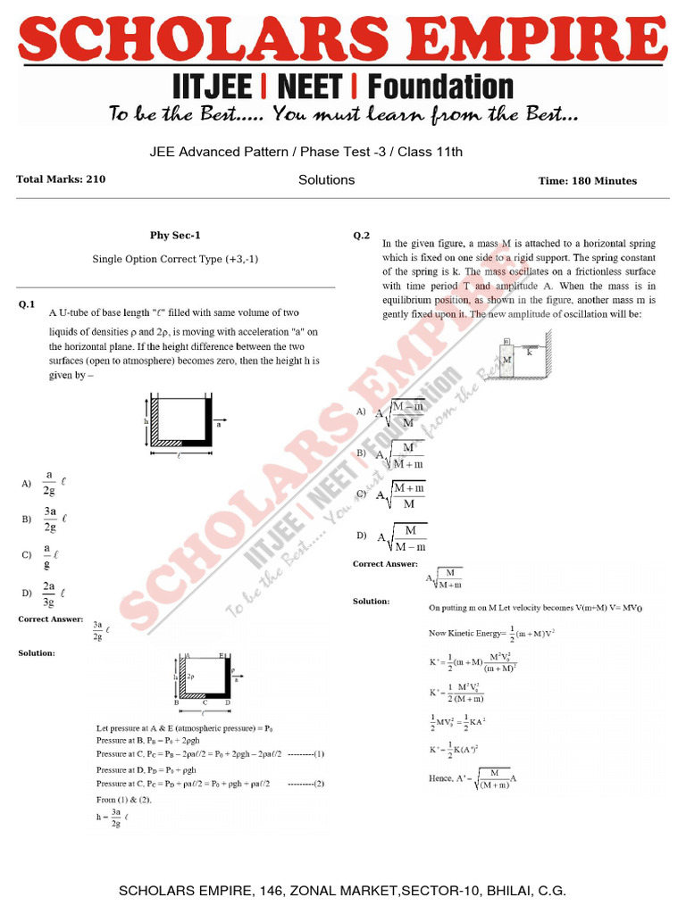 JEE Advanced Test 3 Solutions for Class 11 | PDF | Applied And ...