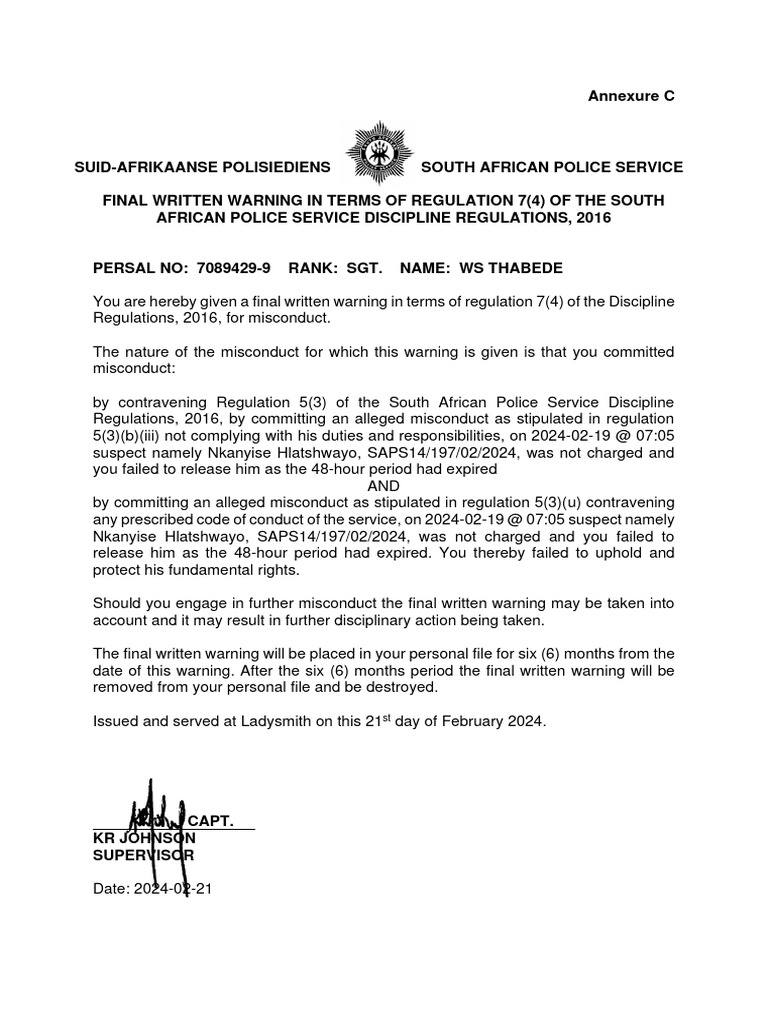 Annexure C - Final Written Warning SGT Thabede | PDF | Justice | Crime ...
