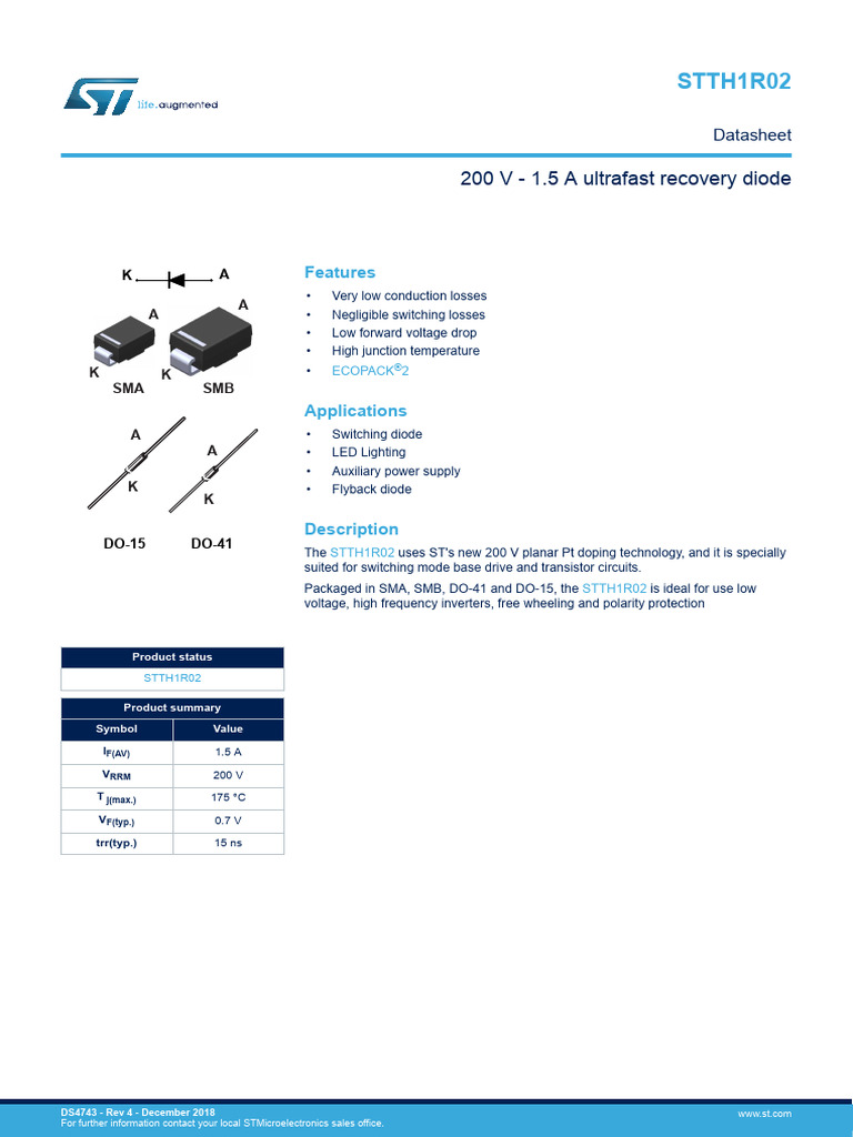 STTH1R02 200V 1.5A U-Fast | PDF | Diode | Physical Quantities