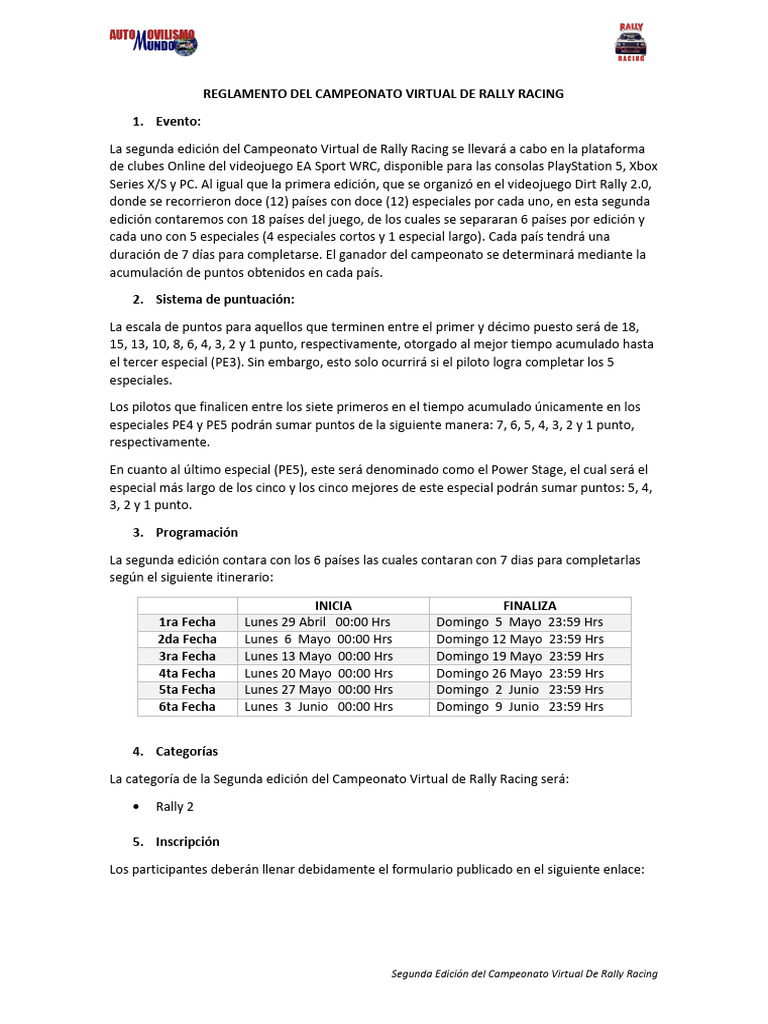 Campeonato Virtual de Rally Racing | PDF
