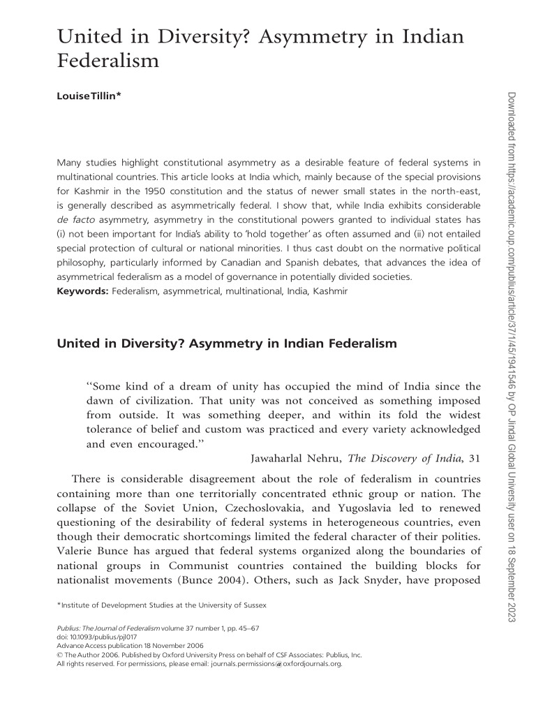 Asymmetrical Federalism in India Explained | PDF | Federalism | Federation